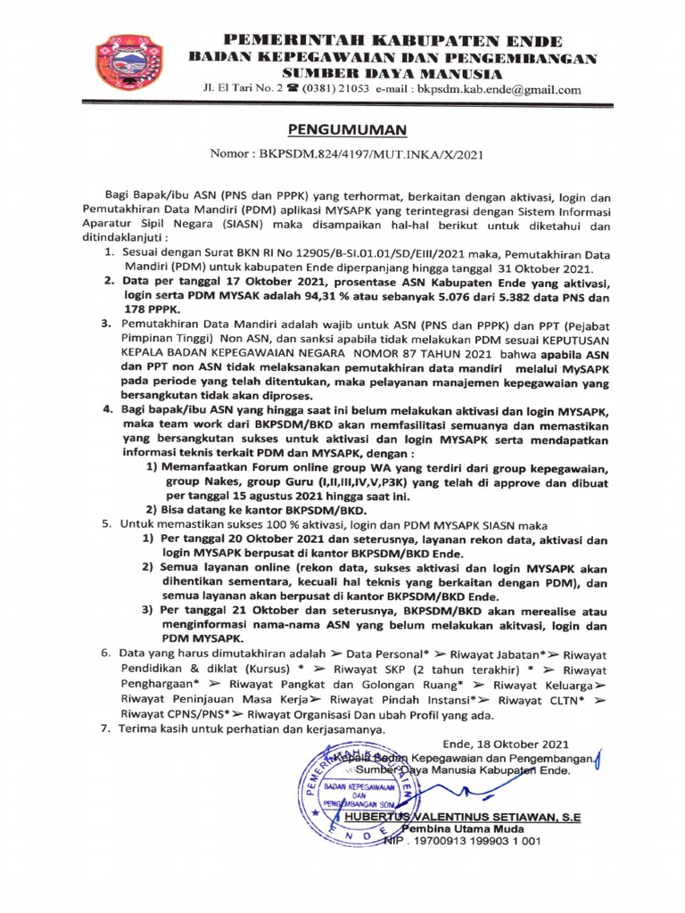 Pengumuman BKPSDM Tentang Mysapk Dan Siasn | PDF