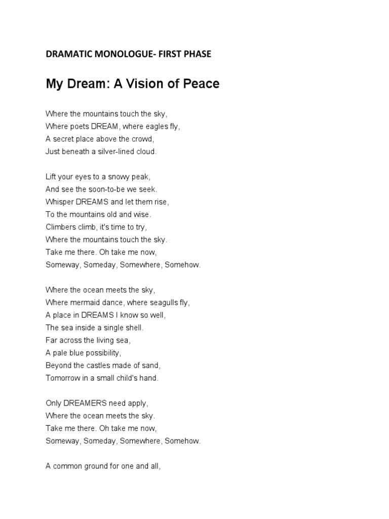 My Dream: A Vision of Peace: Dramatic Monologue-First Phase | PDF
