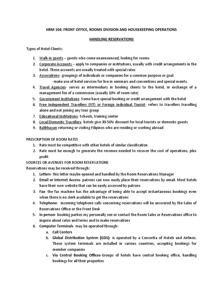 HRM 104: Front Office, Rooms Division and Housekeeping Operations ...