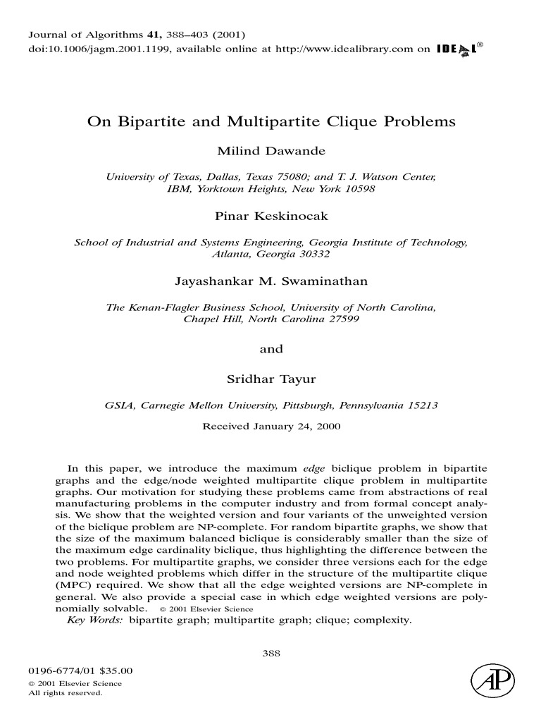 On Bipartite and Multipartite Clique Problems: Milind Dawande | PDF | Vertex (Graph Theory ...