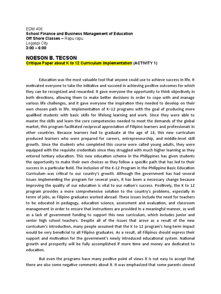 EDM406 - CRITIQUE PAPER About K-12 Program (Noeson B. Tecson) | PDF | Curriculum | Teachers