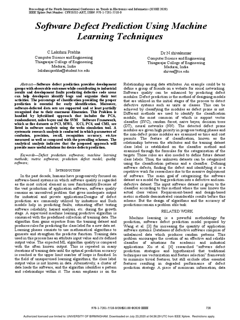 Software Defect Prediction Using ML | PDF | Machine Learning | Principal Component Analysis