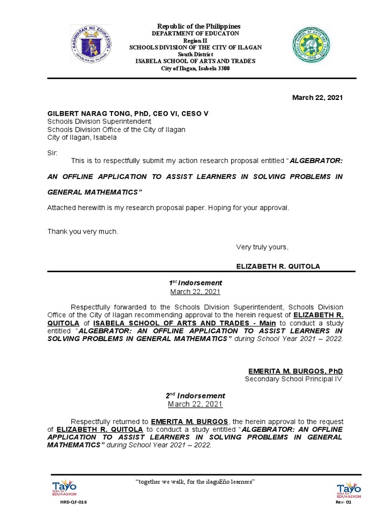 Indorsement Letter For Research | PDF