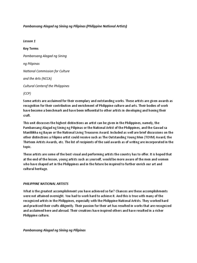 Key Terms: Pambansang Alagad NG Sining NG Pilipinas (Philippine National Artists) | PDF ...