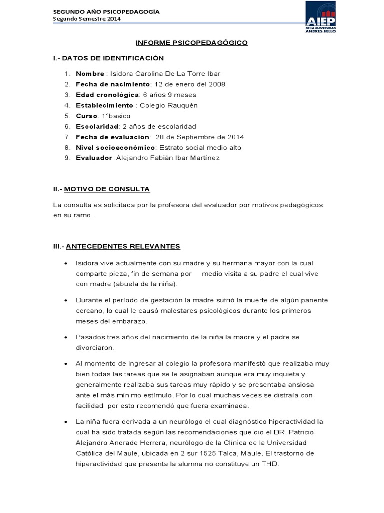 Informe Psicopedagogico. Primer Inf. Formato Calculo Arreglado | PDF | Desorden hiperactivo y ...