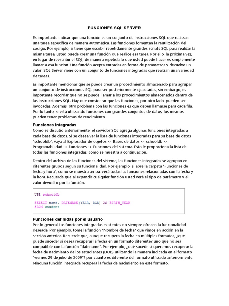 Funciones SQL Server | PDF | Servidor SQL de Microsoft | SQL