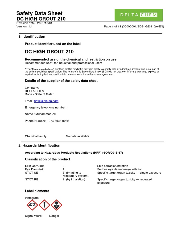 SDS DC High Grout 210 | PDF | Toxicity | Silicon Dioxide