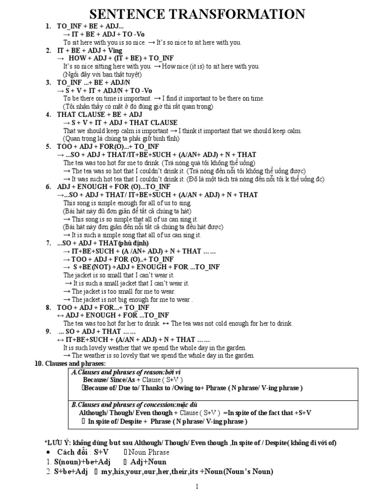 SENTENCE TRANSFORMATION Lop 9 | PDF | Sentence (Linguistics)