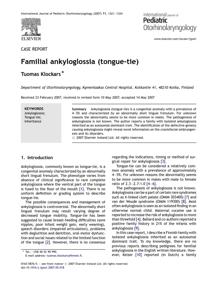 2007 Klockars Familial Ankyloglossia Tongue Tie | PDF | Genetics ...