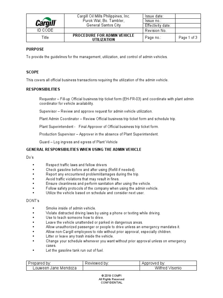 Procedure For Plant Vehicle Utilization - Final | PDF | Transport