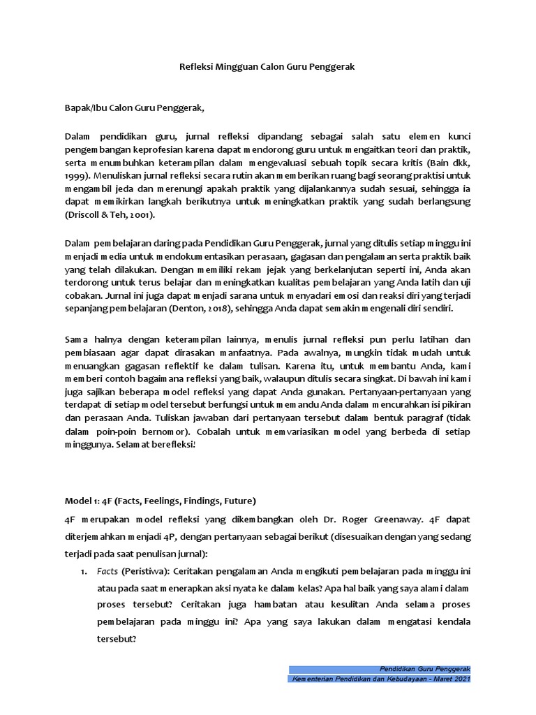 Model Jurnal Refleksi Mingguan - CGP | PDF | Karier & Perkembangan | Pengembangan Diri
