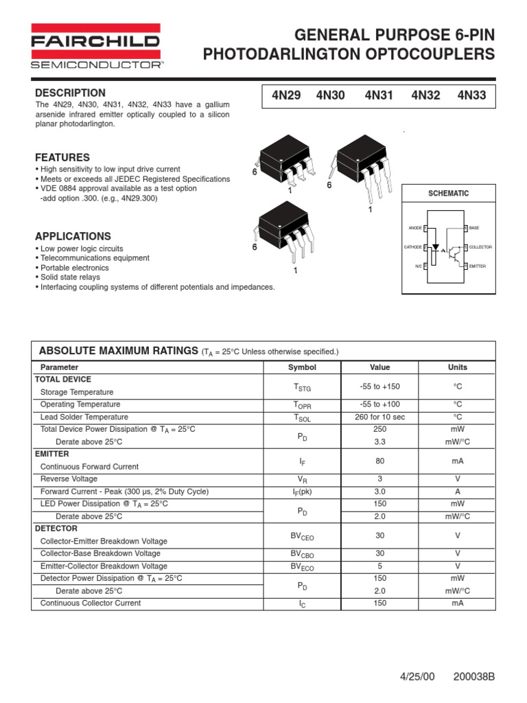 General Purpose 6-Pin Photodarlington Optocouplers: 4N29 4N30 4N31 4N32 ...