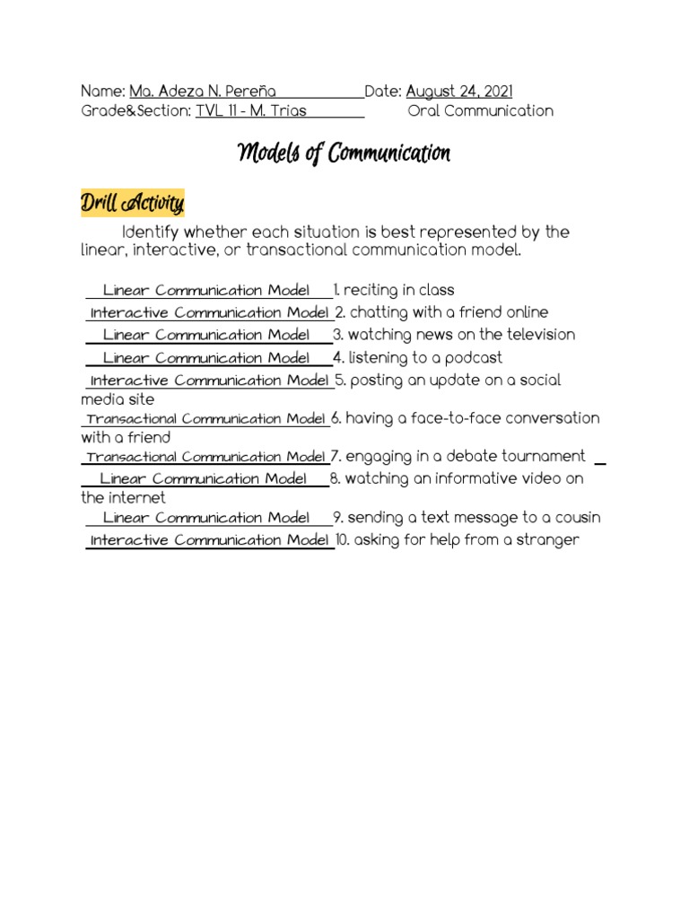 Drill Activity (Models of Communication) | PDF