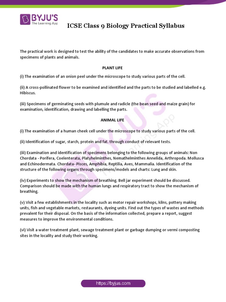 ICSE Class 9 Biology Practical Syllabus: Plant Life | PDF