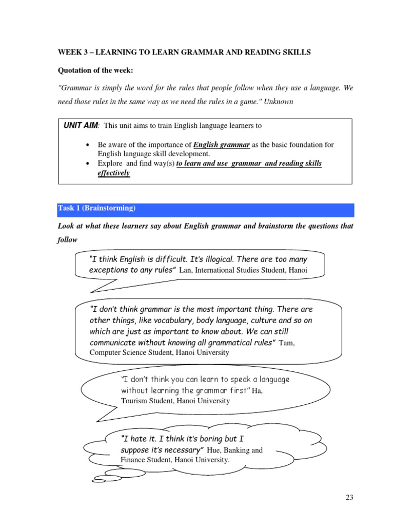 Week 3 - Learning To Learn Grammar and Reading Skills Quotation of The ...