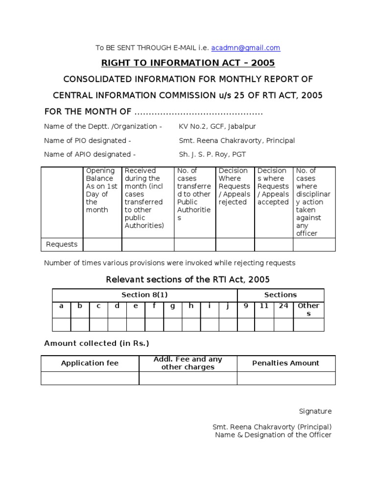 RTI Act 2005 Monthly Report Summary | PDF