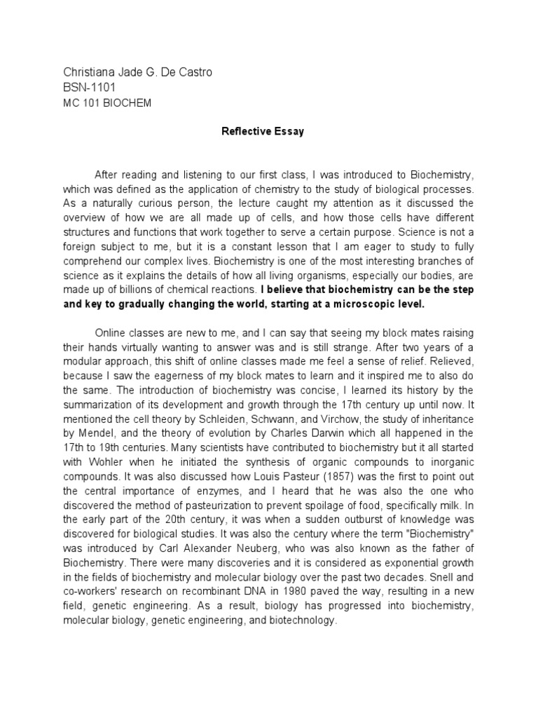 Christiana Jade G. de Castro BSN-1101: Reflective Essay | PDF | Cell ...