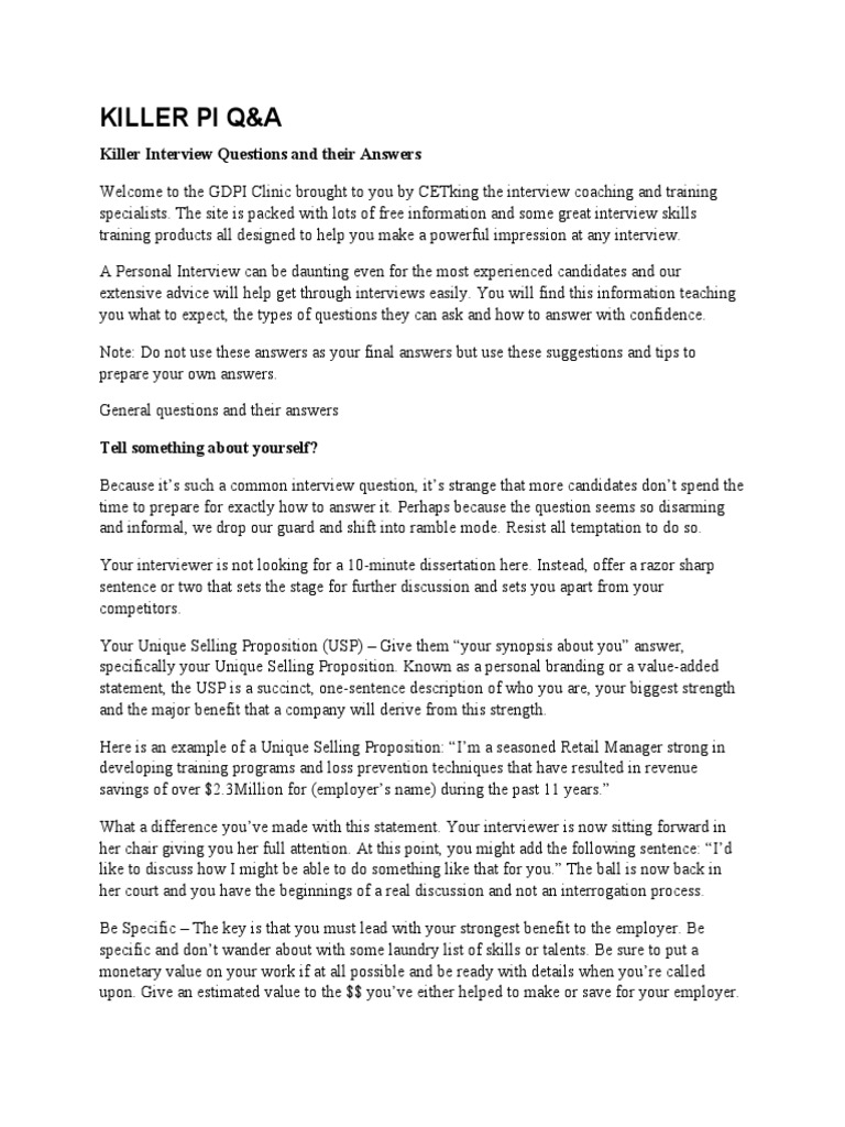 Killer Pi Q&A: Killer Interview Questions and Their Answers | PDF ...