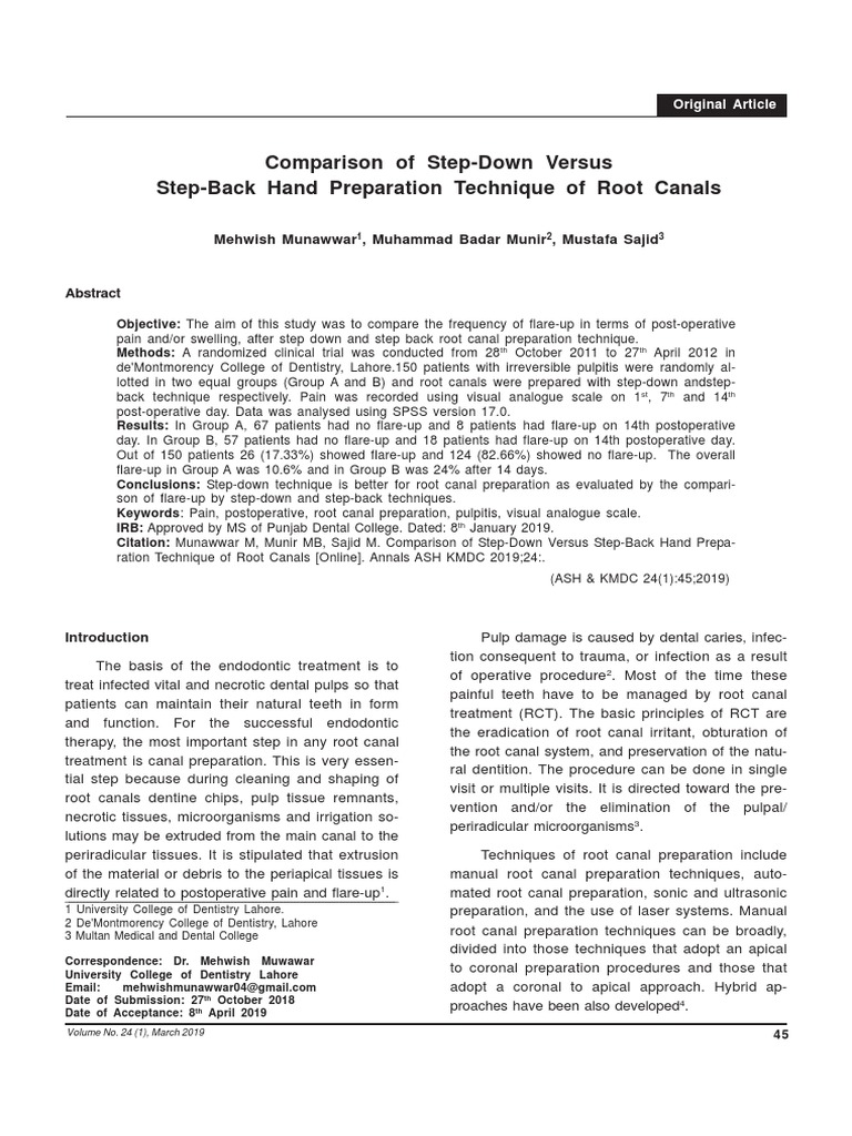 Comparison of Step-Down Versus Step-Back Hand Preparation Technique of ...