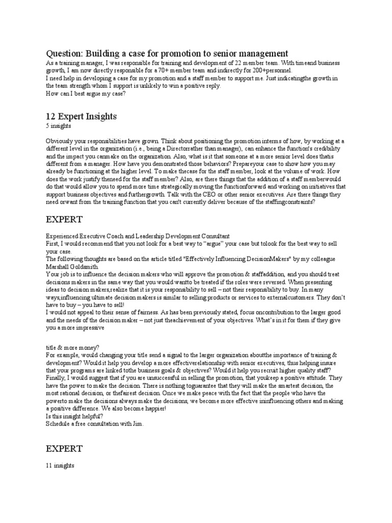 Building A Case For Promotion To SR MGT | PDF | Leadership | Decision ...