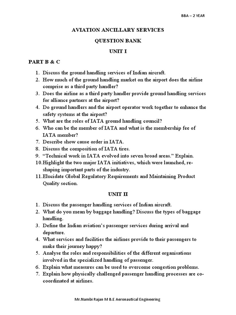 Aviation Ancillary Services Question Bank Unit I Part B & C: Bba - 2 ...