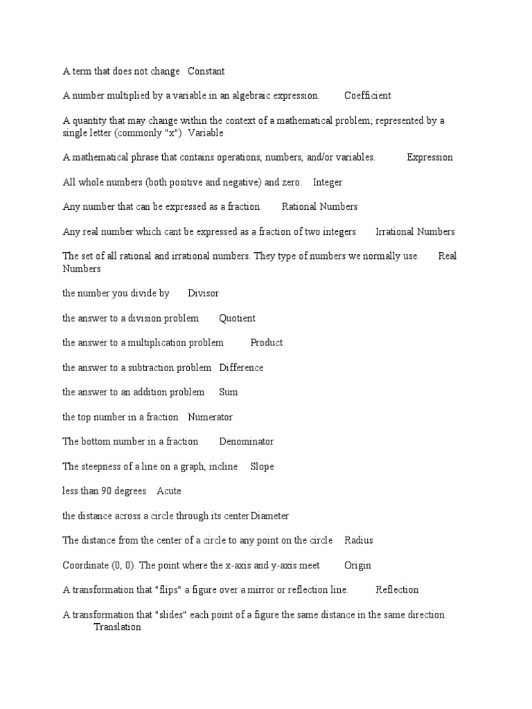 Pre-Algebra Vocabulary | PDF | Teaching Methods & Materials