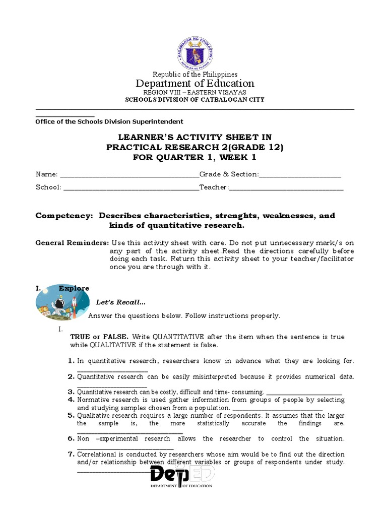 Department of Education: Learner'S Activity Sheet in Practical Research ...