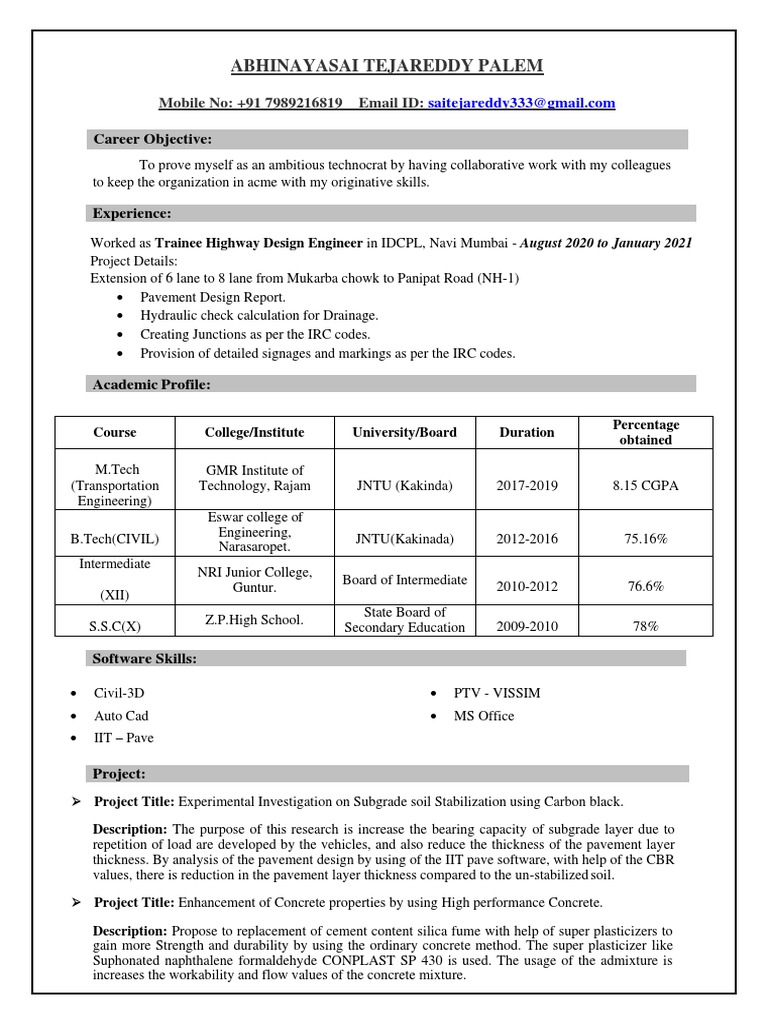 Sai Teja Reddy Resume | PDF | Concrete | Road Surface
