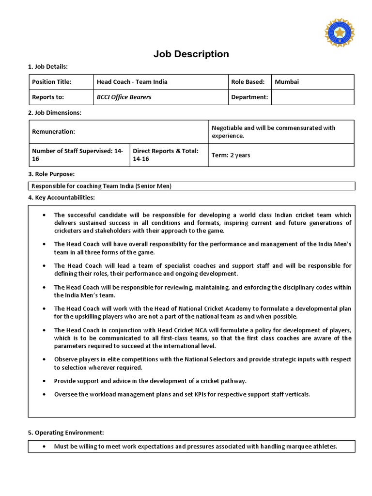 Head Coach Position at BCCI | PDF | Business