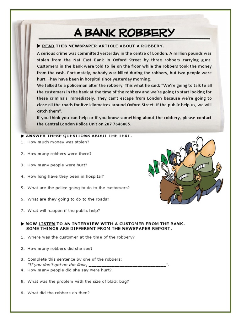 A Bank Robbery Reading Comprehension Exercises Sentence Transform ...