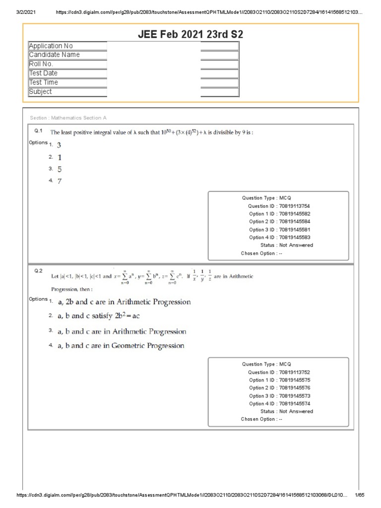 JEE Feb 2021 Mathematics Assessment | PDF | Multiple Choice | Schools