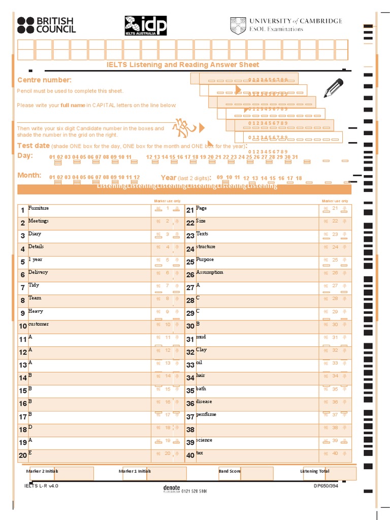Ielts Listening and Reading Answer Sheet Centre Number ...