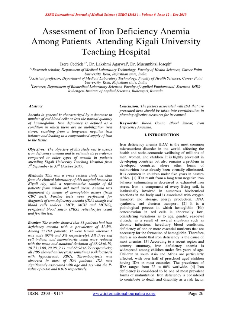 Assessment of Iron Deficiency Anemia Among Patients Attending Kigali ...