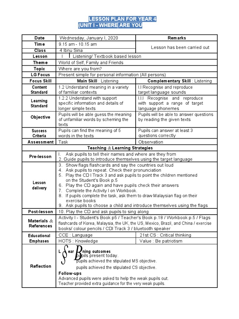 Lesson Plan For Year 4 (Unit L - Where Are You FROM?) : Pupils Present ...