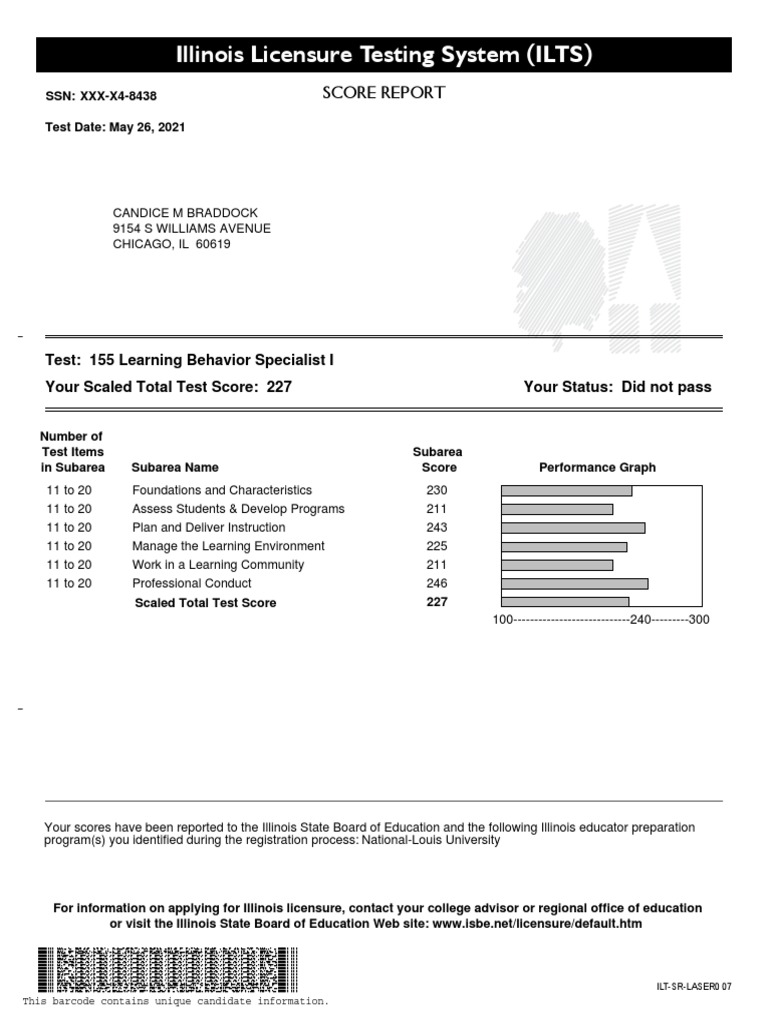 Illinois Licensure Testing System (ILTS) : Score Report | PDF | Test ...
