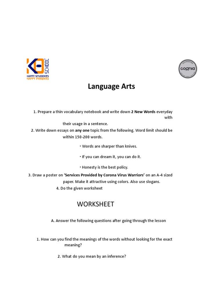 Language Arts: Worksheet | PDF | Cognition | Linguistics