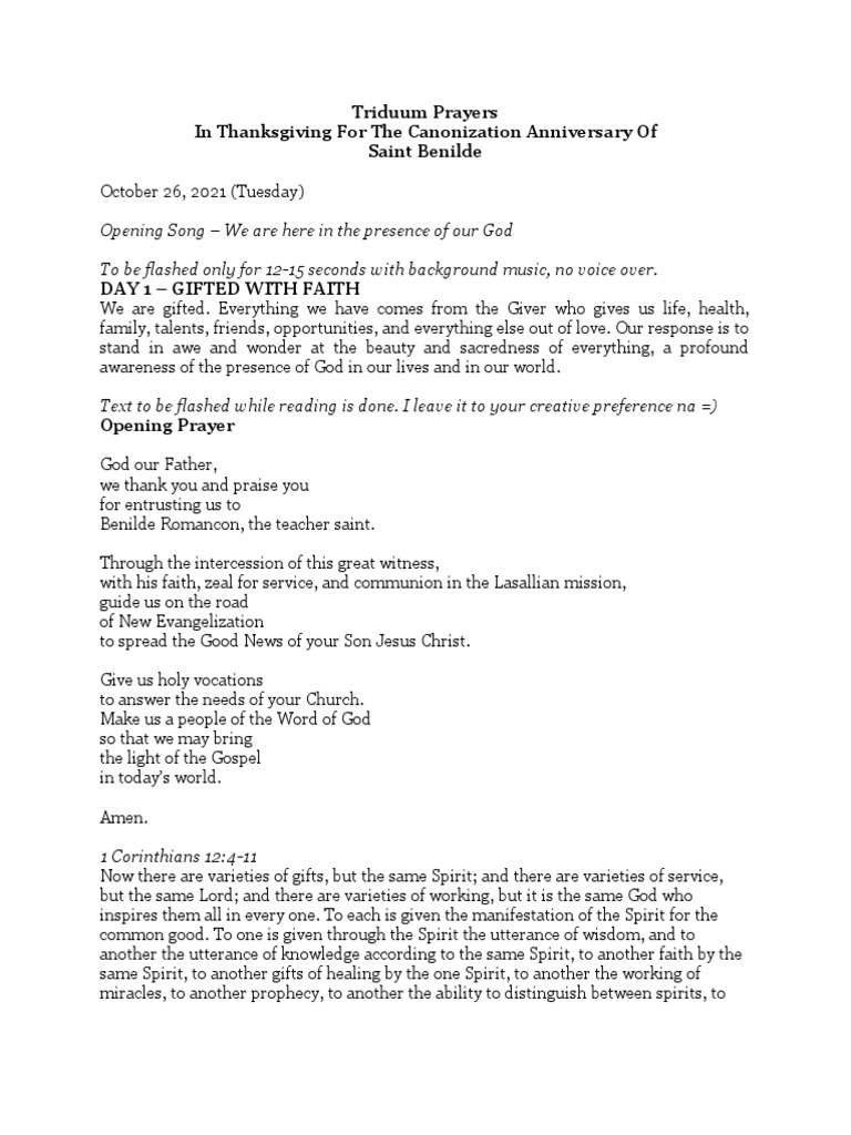Triduum Prayers in Thanksgiving For The Canonization Anniversary of ...