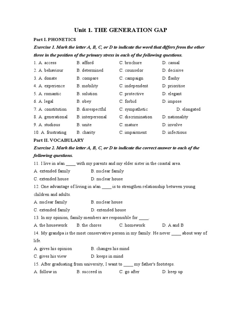 Unit 1. The Generation Gap: Part I. Phonetics | PDF | Family | Marriage