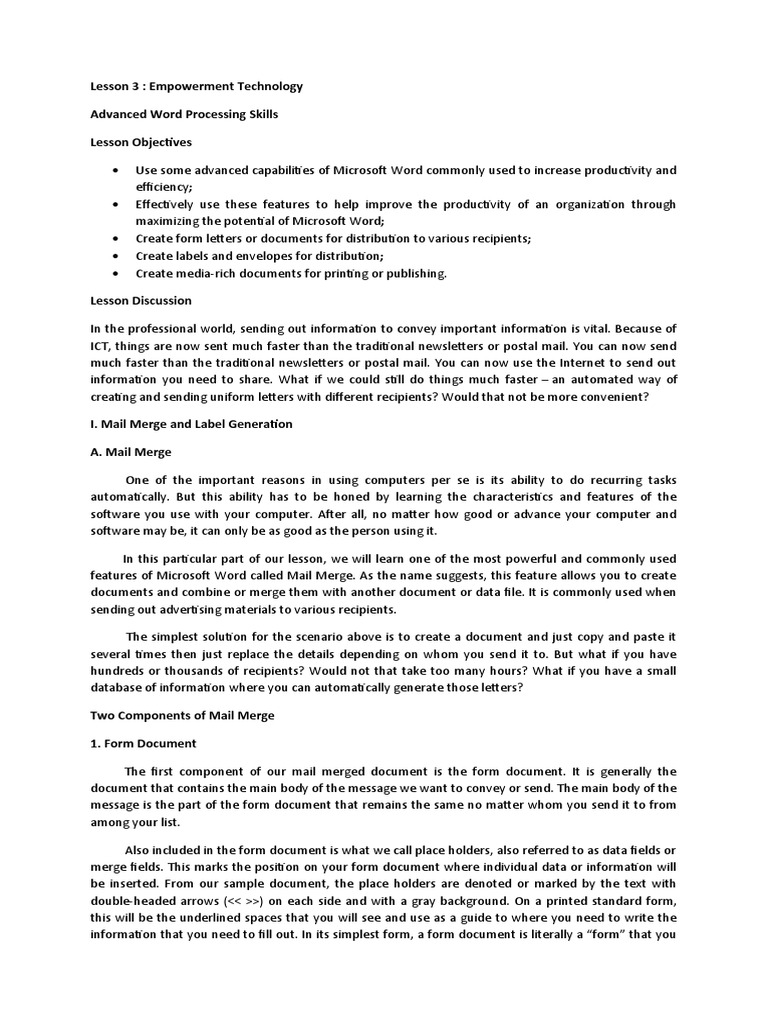 Lesson 3: Empowerment Technology Advanced Word Processing Skills Lesson ...
