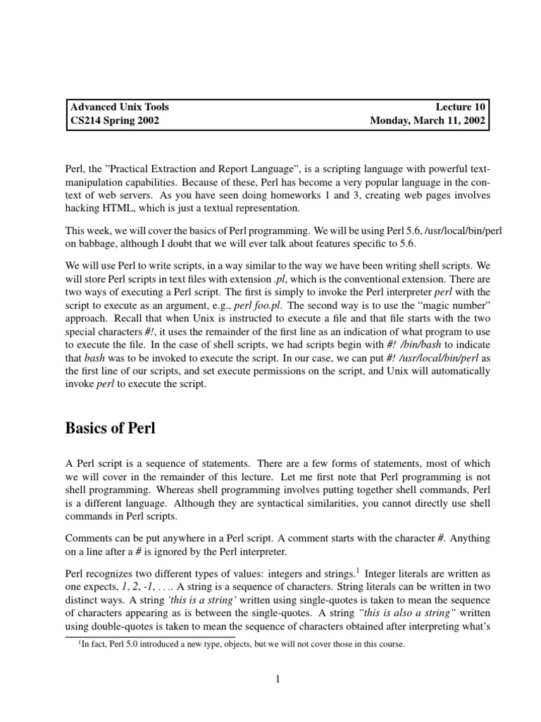 Basics of Perl: Advanced Unix Tools CS214 Spring 2002 Monday, March 11, 2002 | PDF | String ...