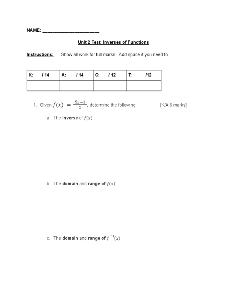 NAME: - Unit 2 Test: Inverses of Functions Instructions | PDF