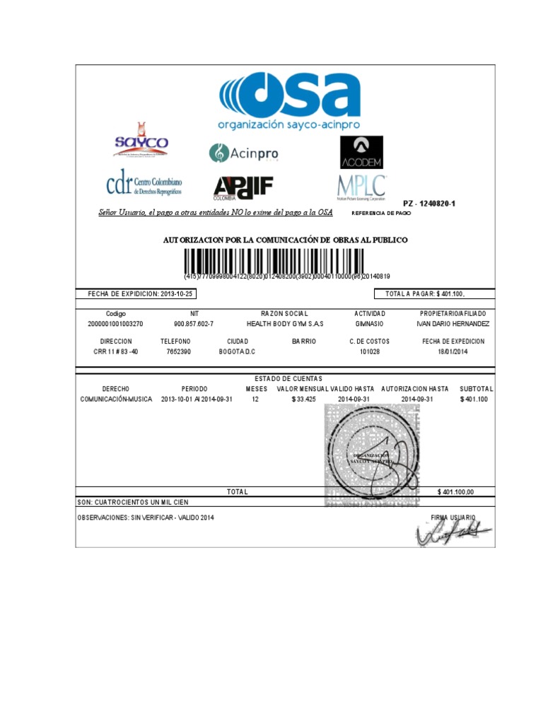Pago Sayco y Acinpro | PDF