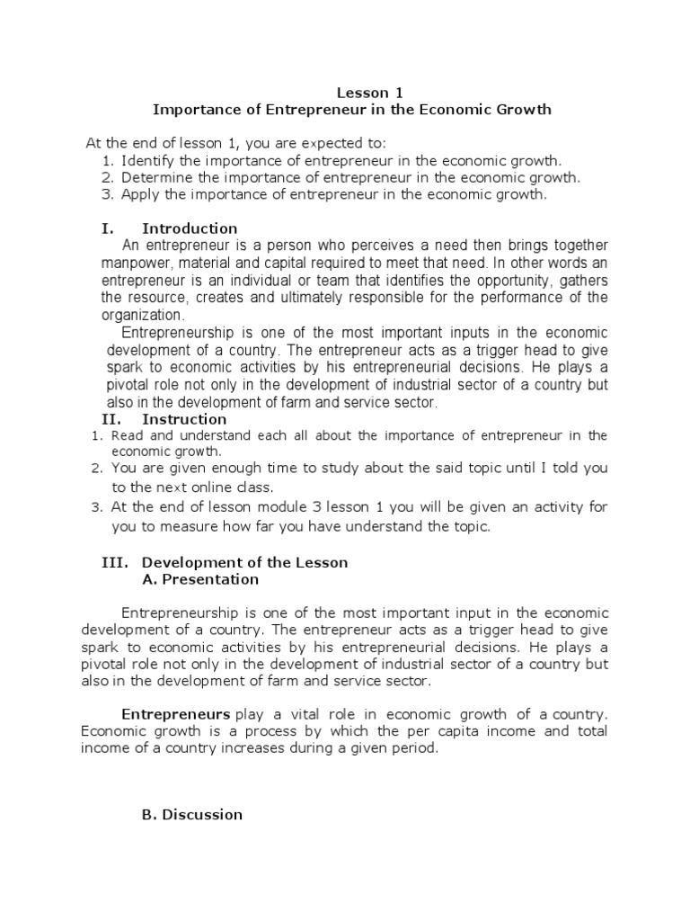 Lesson 1 Importance of Entrepreneur in The Economic Growth | PDF ...