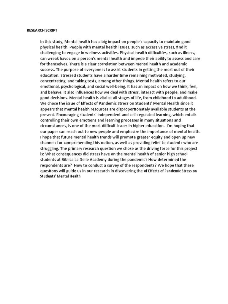Research Script: of Effects of Pandemic Stress On Students' Mental ...