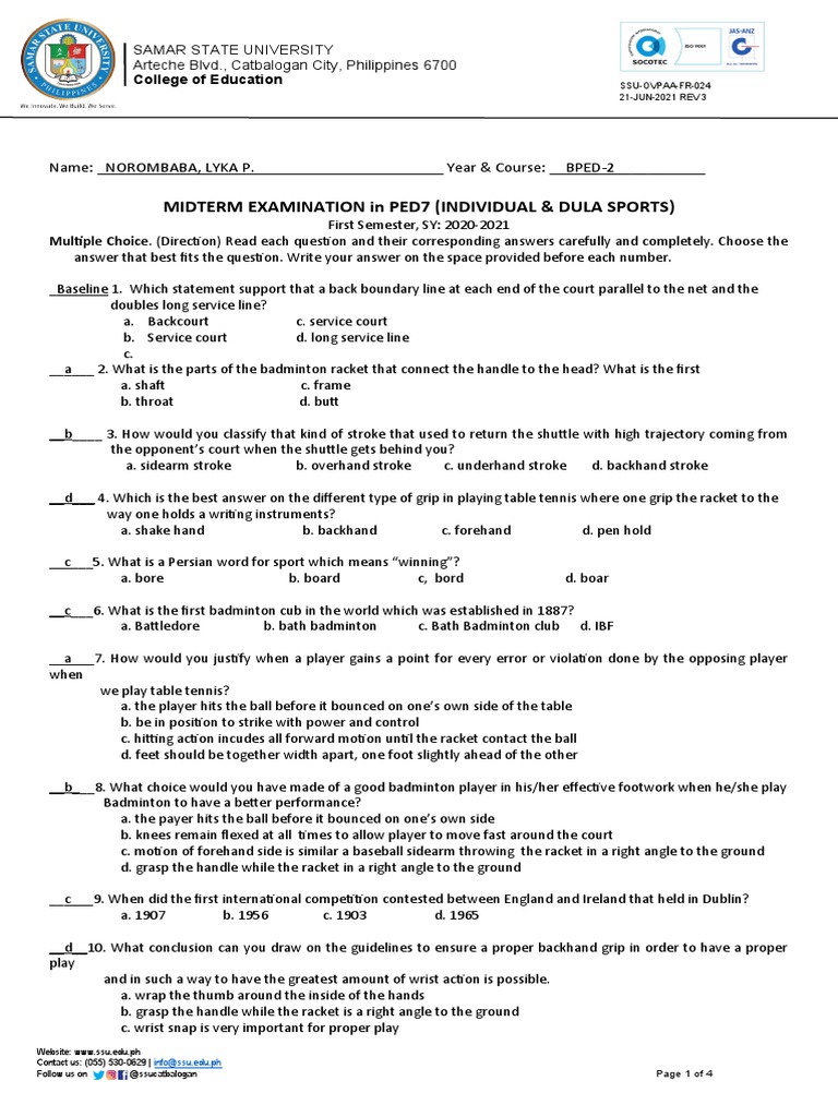 Midterm Examination in Ped7 (Individual & Dula Sports) | PDF | Table ...