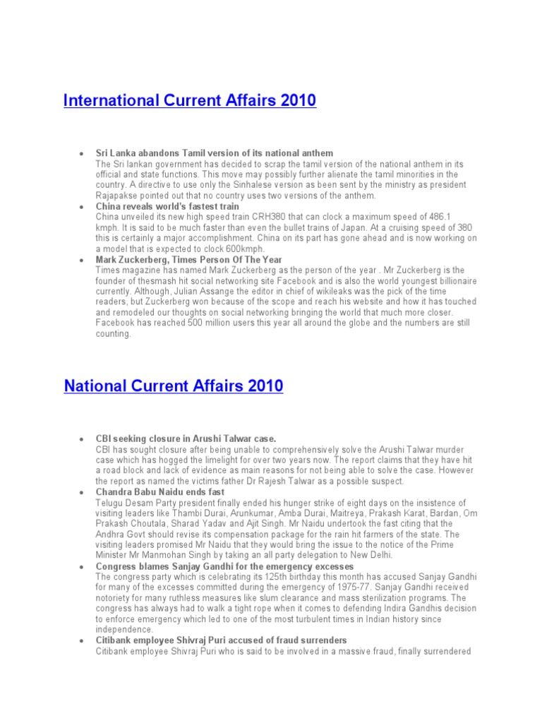 National and International Current Affairs in 2010: Politics, Business ...