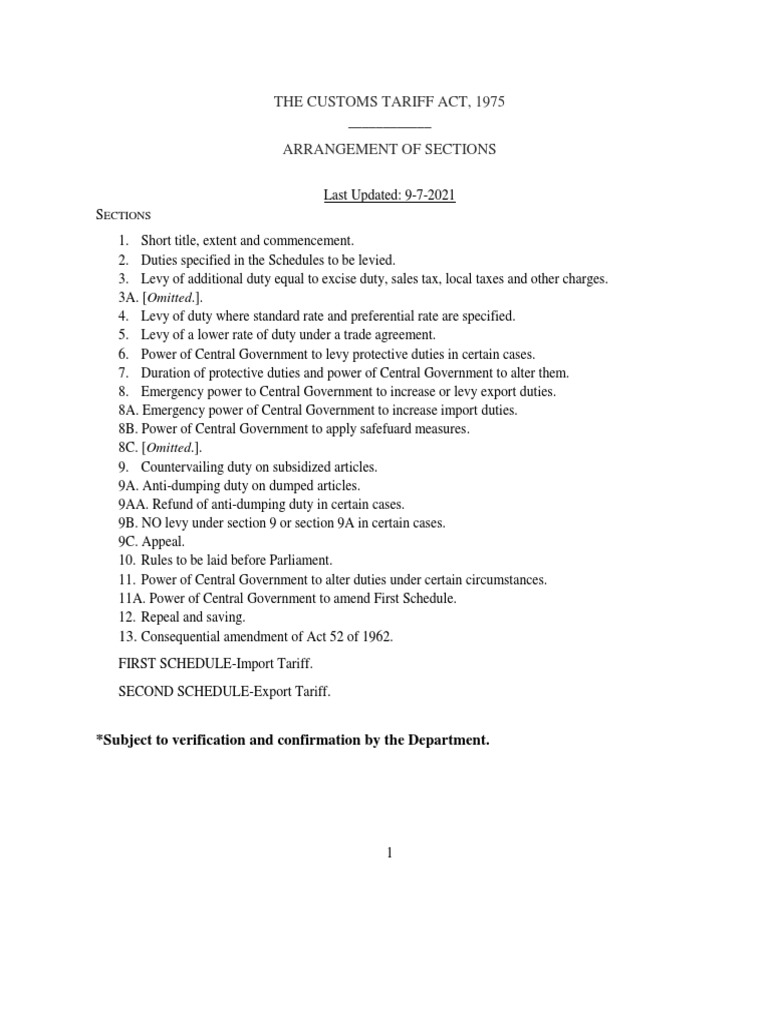 The Customs Tariff Act, 1975: Ections | PDF | Dumping (Pricing Policy ...