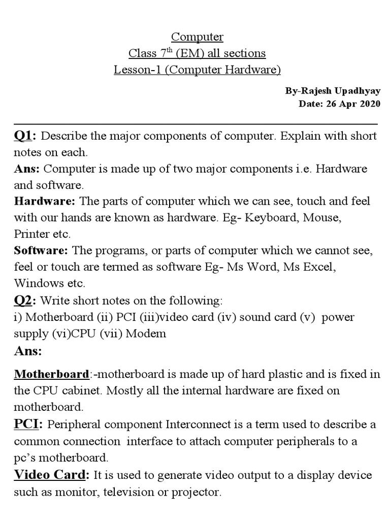 Computer Hardware Lesson Explains Components | PDF | Computer Hardware ...