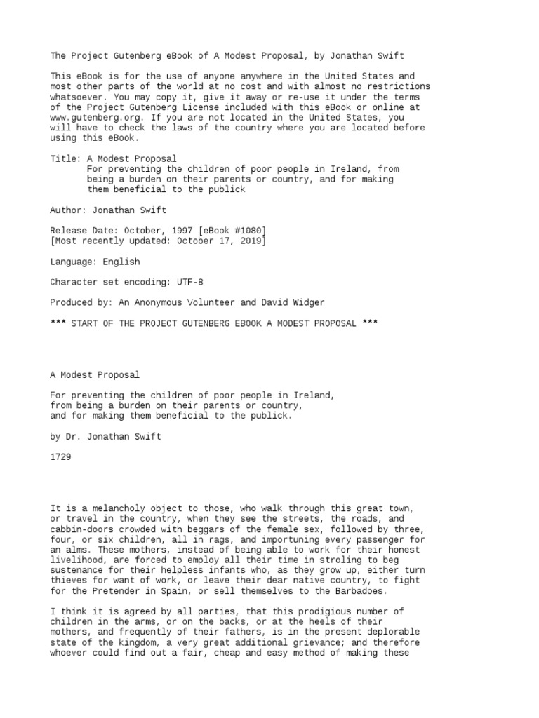 Jonathan Swift - A Modest Proposal | PDF | Project Gutenberg | Copyright