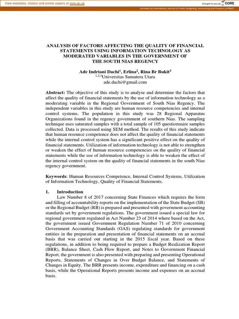 Factors Affecting Quality of Financial Statements in South Nias Regency ...